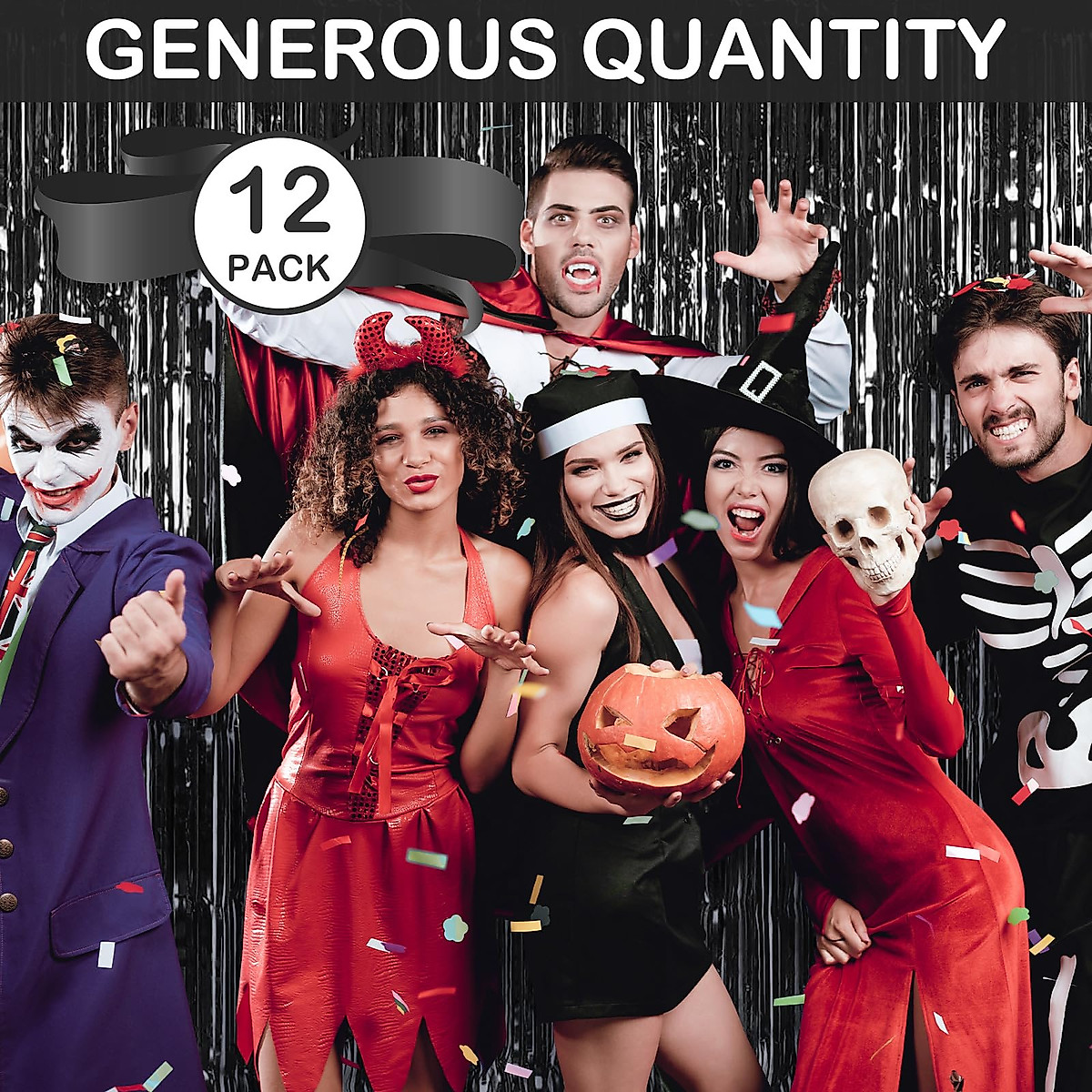 Black Fringe Curtain Party Streamers, 12 Pack 3.3ft x 8.2ft Foil Curtain Backdrop Tinsel Foil Fringe Curtains Photo Booth Backdrop Streamer for Birthday, Wedding, Baby Shower, Disco Party