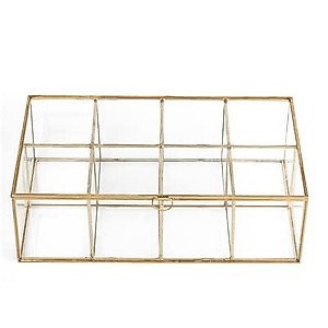NCYP 12" Glass Tea Bags Box Organizer, Sugar Packets Storage Container, Decor 8 Grids Compartments Divided Handmade Brass Metal Frame Jewelry Counter Top Display Case Large, Glass Box Only