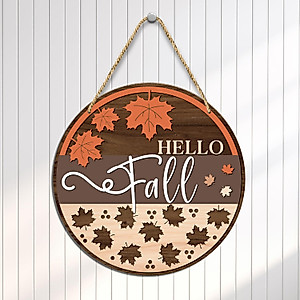 Hello Fall Maple Leaves Wooden Sign for Front Door Decor, Round Wood Hanging Sign Thanksgiving Autumn Home Decorations, Fall Harvest Wall Hanging Art Sign Plaque for Porch Yard Garden - 01