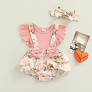 Socutebabe Baby Girl Floral Romper Newborn Dress Ruffle Onesie Suspender Shorts Jumpsuit Cute Summer Clothes and Headband (A Pink, 0-3 Months)