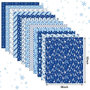 Whaline 12Pcs 18" x 22" Christmas Fat Quarter Fabric Bundles Winter Blue White Snowflake Reindeer Printed Quilting Patchwork Cotton Craft Fabric Pre-Cut Square Sheets for DIY Patchwork Sewing Crafting