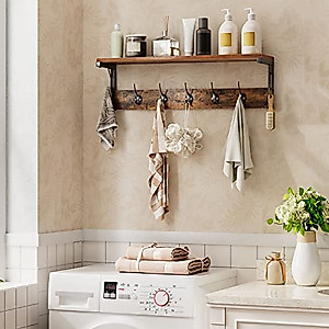 HOOBRO Wall Hooks with Shelf, Wall-Mounted Coat Rack, Wall Shelf with 7 Hooks, Hanging Shelf, Coat Hooks for Clothes, Hats, Bags, Entryway, Kitchen, Bathroom, Industrial Style BF16YM01