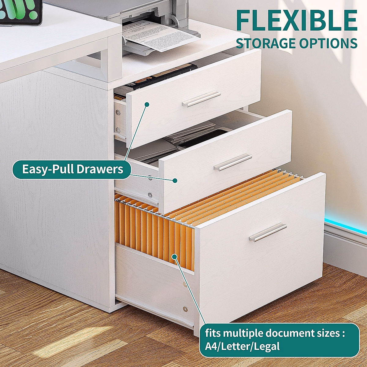 YITAHOME L Shaped Desk with 3 Drawers, 65" Corner Computer Desk with Power Outlets & LED Lights, L-Shaped Desk with File Cabinet & Printer Stand for Home Office, White