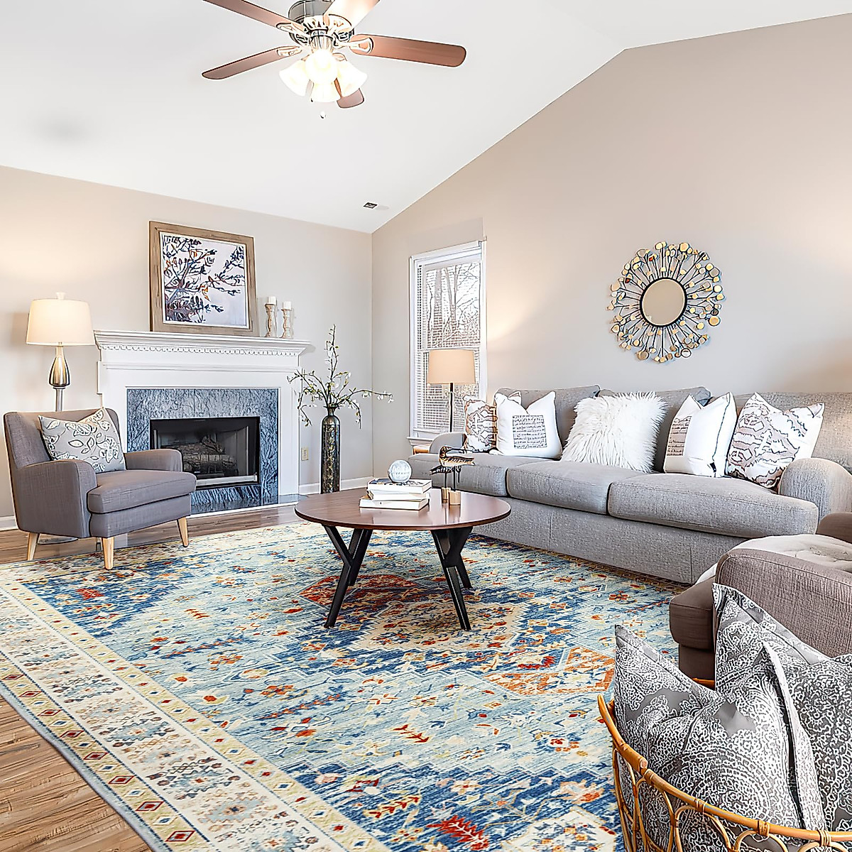 BESTSWEETIE Area Rug 9x12 Rugs for Living Room 9 x 12 Washable Rugs Non Slip Vintage Boho Living Room Rugs for Bedroom Dining Room, Distressed Pattern Carpet, Blue Multi