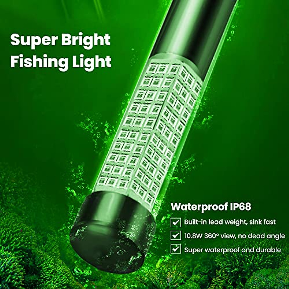 LED Night Fishing Light 12V 108 LEDs 10.8W Underwater Night Fishing Finder Light, 1080LM Green Submersible Fishing Attracting with 5M Power Cord