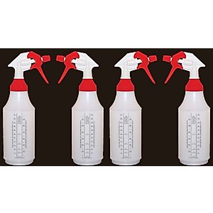 Spray Bottles with Large Top for Easy Filling, Reusable, 32oz, 4 Complete Bottles, with Scale on Side of Bottle for Easy Filling, Part# WM83233-WM04-RED (Red & White Sprayer Top)