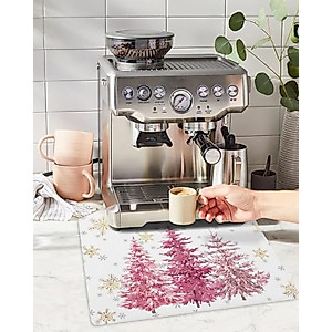 Coffee Mat for Counter, Pink Christmas Xmas Tree Golden Snowflake Absorbent Hide Stain Coffee Bar Mat, Non-slip Coffee Bar Accessories Kitchen Drying Mat Fit Under Coffee Maker Espresso Machine