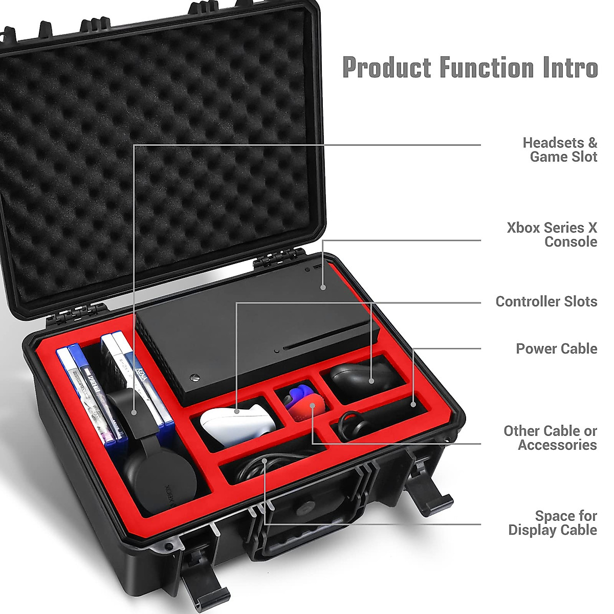 Hard Shell Travel Carrying Case for Xbox Series X - Waterproof Shockproof Case with Customized Foam Inlay for Xbox Series X Console, Headset, Games, Controllers, Cables and Other Accessories, Red