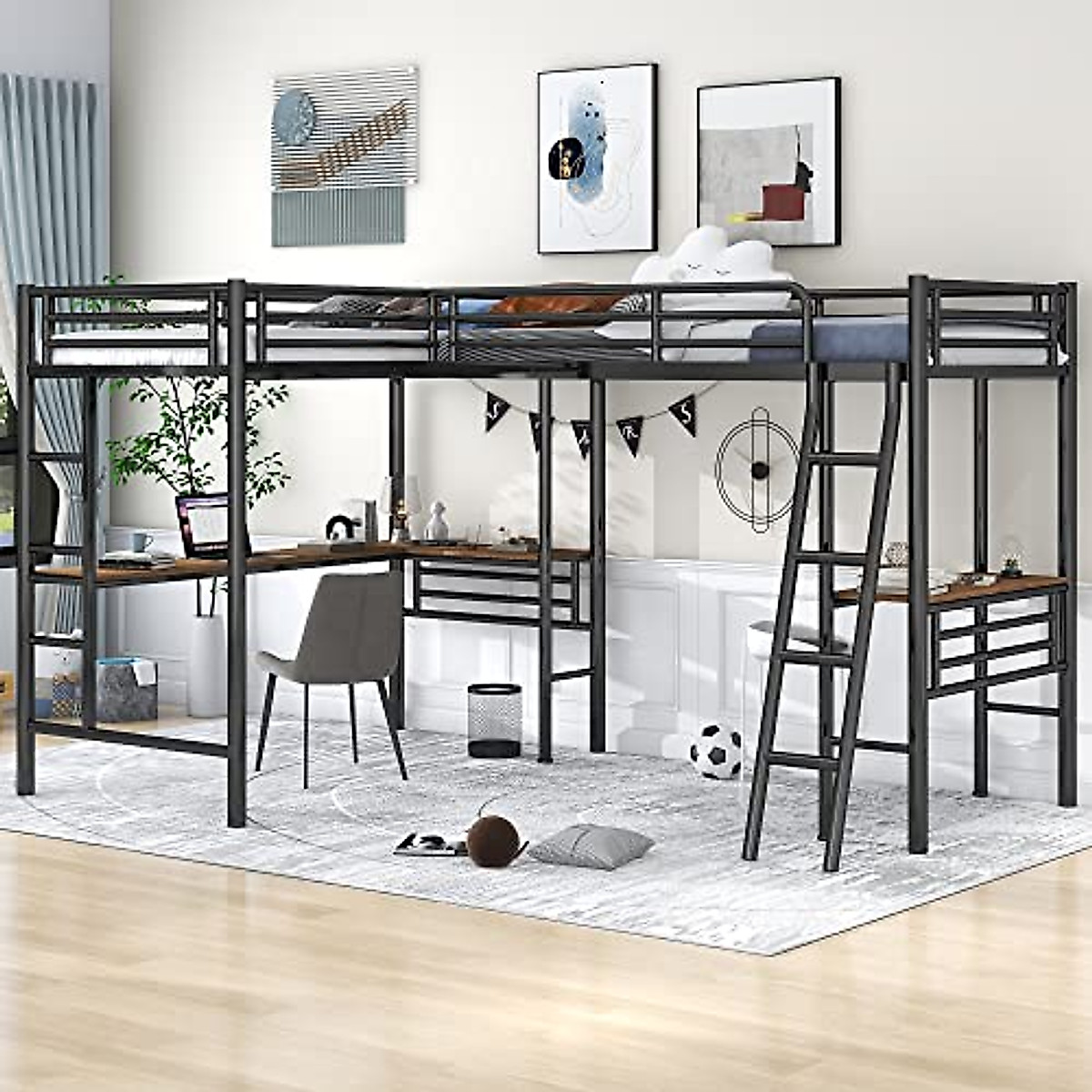 L Shaped Metal Loft Bed with Desk, Modern Style Heavy-Duty Steel Frame Twin Loft Bed with Safety Rail, Built-in Ladder for Bedroom, Dorm, Boys, Girls, Adults (Twin Size, Black)