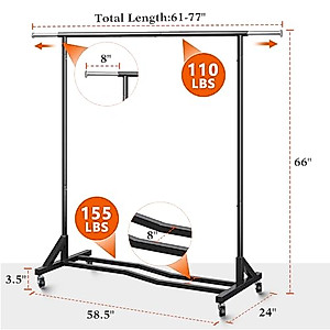 Raybee 77" W Clothing Rack Heavy Duty Clothes Racks for Hanging Clothes Rolling Clothes Rack with Wheels Portable Garment Rack Metal Clothing Rack Hold 265lbs Black 77''W×66''H×24''D