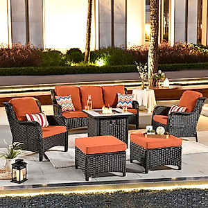 ovios 6 Pieces Patio Furniture Set with 30" Fire Pit Table, Outdoor Wicker Sofa with Ottomans, Comfy Cushions, High Back Couch Conversation Set, Brown Rattan, Orange Red