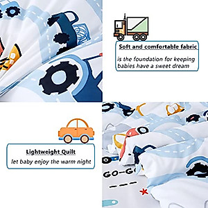 PERFEMET Toddler Bedding Kids 4 Pieces Bed in A Bag for Boys Cars Printed Microfiber Toddler Comforter Sets with Standard Pillow Case Modern Bedroom Collection, White