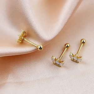 Jewseen 14K Gold Cartilage Earring Cubic Zirconia Tragus Earring 16g Crown Design Helix Stud Rings Solid Gold Conch Ear Piercing Jewelry
