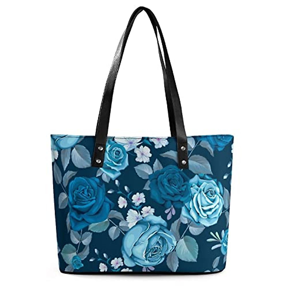 Womens Handbag Flowers Blue Leather Tote Bag Top Handle Satchel Bags For Lady