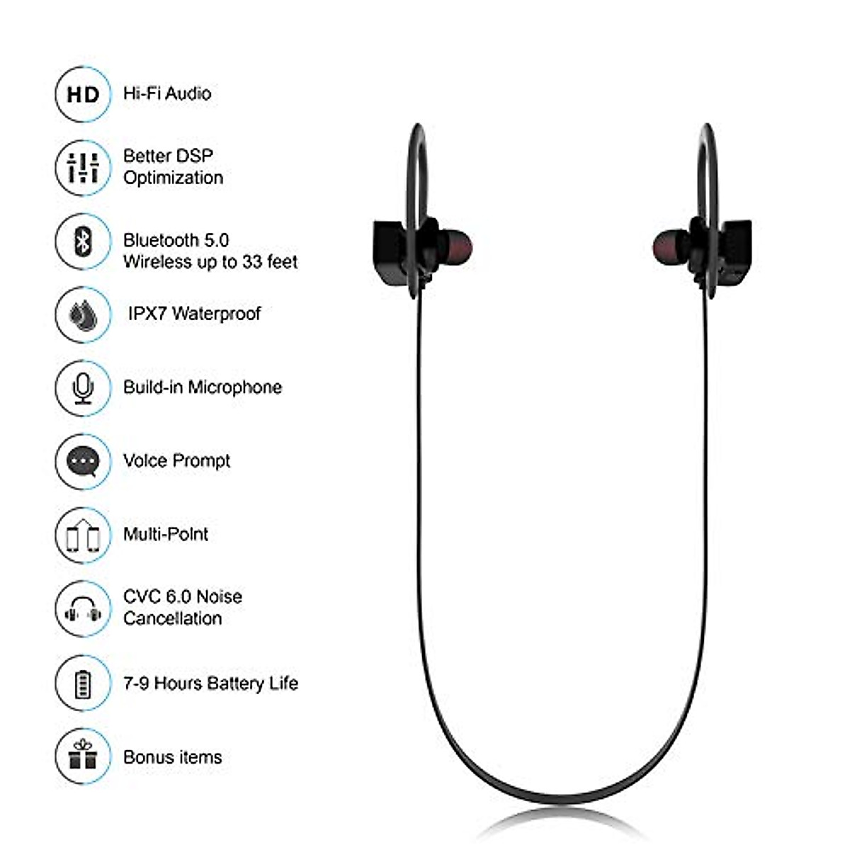 Bluetooth Headphones, Hussar Magicbuds Best Wireless Sports Earphones with Mic, IPX7 Waterproof, HD Sound with Bass, Noise Cancelling, Secure Fit, up to 9 Hours Working time (Upgraded)