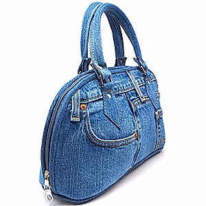 Bijoux De Ja Upcycling Blue Denim Trim Curved Shape Top Handle Handbag Purse (denim)