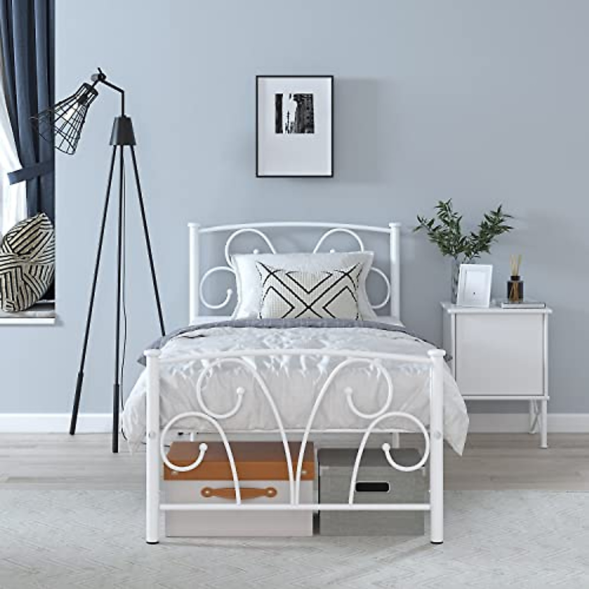 Elephance Twin Bed Frame with Headboard, Metal Platform Bed Frame with 12 Inch Storage Space No Box Spring Needed (White)