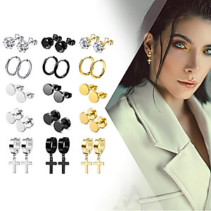 Aroncent 15 Pairs Mens Earrings Cross Earrings for Men Hoop Earrings Dangle Cross Earrings Fake Earrings CZ Stud Earrings for Men Women Stainless Steel Earrings Set