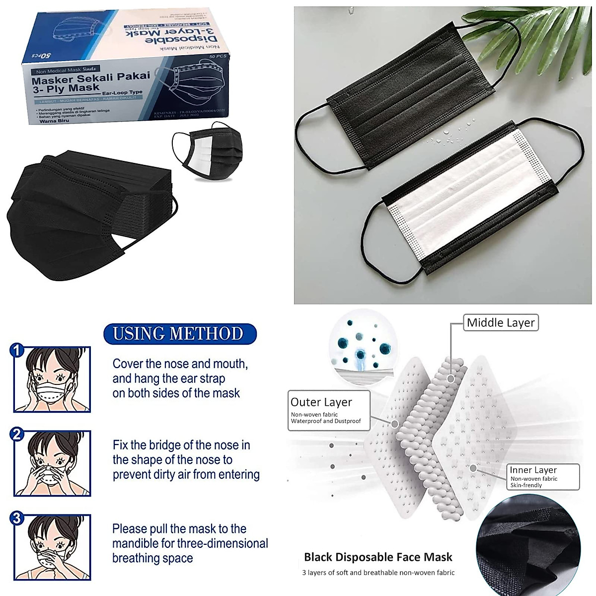 Disposable 50 Pack Face Mask 3 Ply Filter Protection, 50 Disposable Protective Mask (50 Pieces, Black)