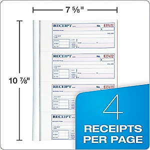 Adams Money and Rent Receipt Book, 2-Part, Carbonless, White/Canary, 7-5/8" x 10-7/8", Bound Wraparound Cover, 200 Sets per Book, 4 Receipts per Page (DC1182)