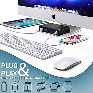 USB 10 Port Hub - Powered USB 3.0 Hub - Aluminum USB Data HUB Splitter 12V 5A 60W Power Adapter Extension for Mouse, Keyboard, HDD or More USB Devices