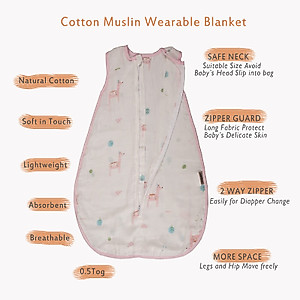 NATUZ Baby Sleep Sack Cotton Muslin Lightweight Summer Toddler Essential Sleeping Bag Soft Baby Wearable Blanket Toddler 3T Sleep Swaddle Sacks Kids Nursery Sleeping Bag 18-24 months 0.5 Tog Girl