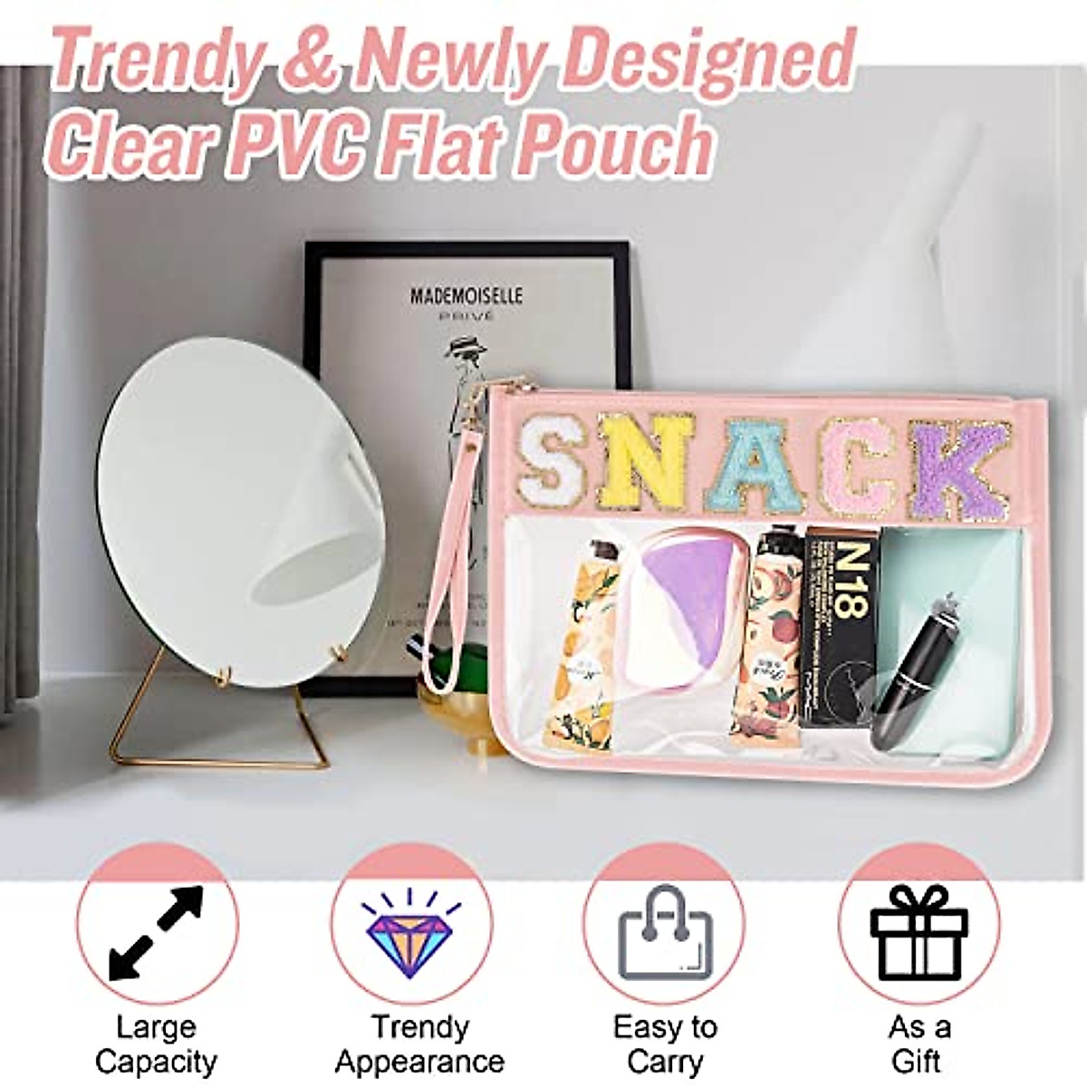 Chenille Letter Clear Snack Bags Purse Pouch, Monogram PVC & PU Clear Zipper Pouch with Wristlet, Waterproof Portable Glitter Snacks Makeup Beach Pouch Toiletry Bag for Women Girls (SNACKS-Pink)