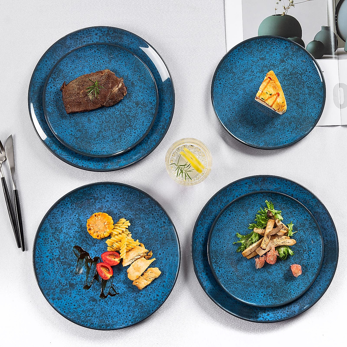 Gofunfun Melamine Dinnerware Sets for 4, Dinner Plates Bowls Set, Unbreakable Melamine Classic Blue Dinnerware, Dishwasher Safe Tableware Sets for Everyday Use, 12 Pcs