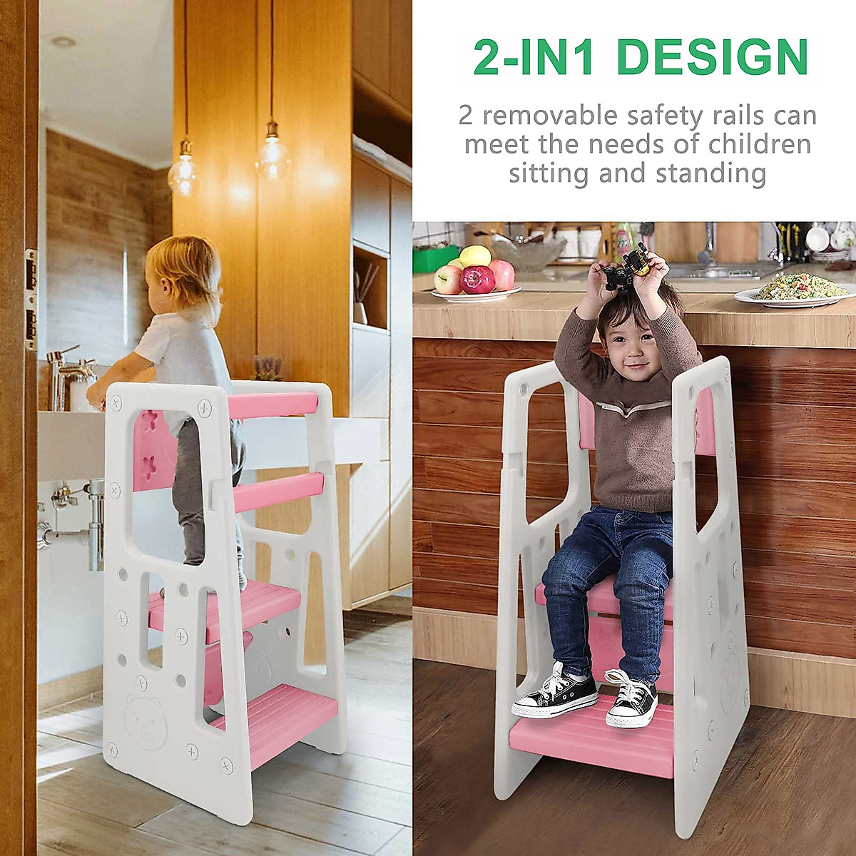Nursery Kitchen Step Stool w/ 3 Adjustable Heights Toddler Standing Tower Kids Learning Stool w/Double Safety Rails & Non-Slip Foot Pads Cooking Stool Stand Helper Bathroom Counter Footstool (Pink)