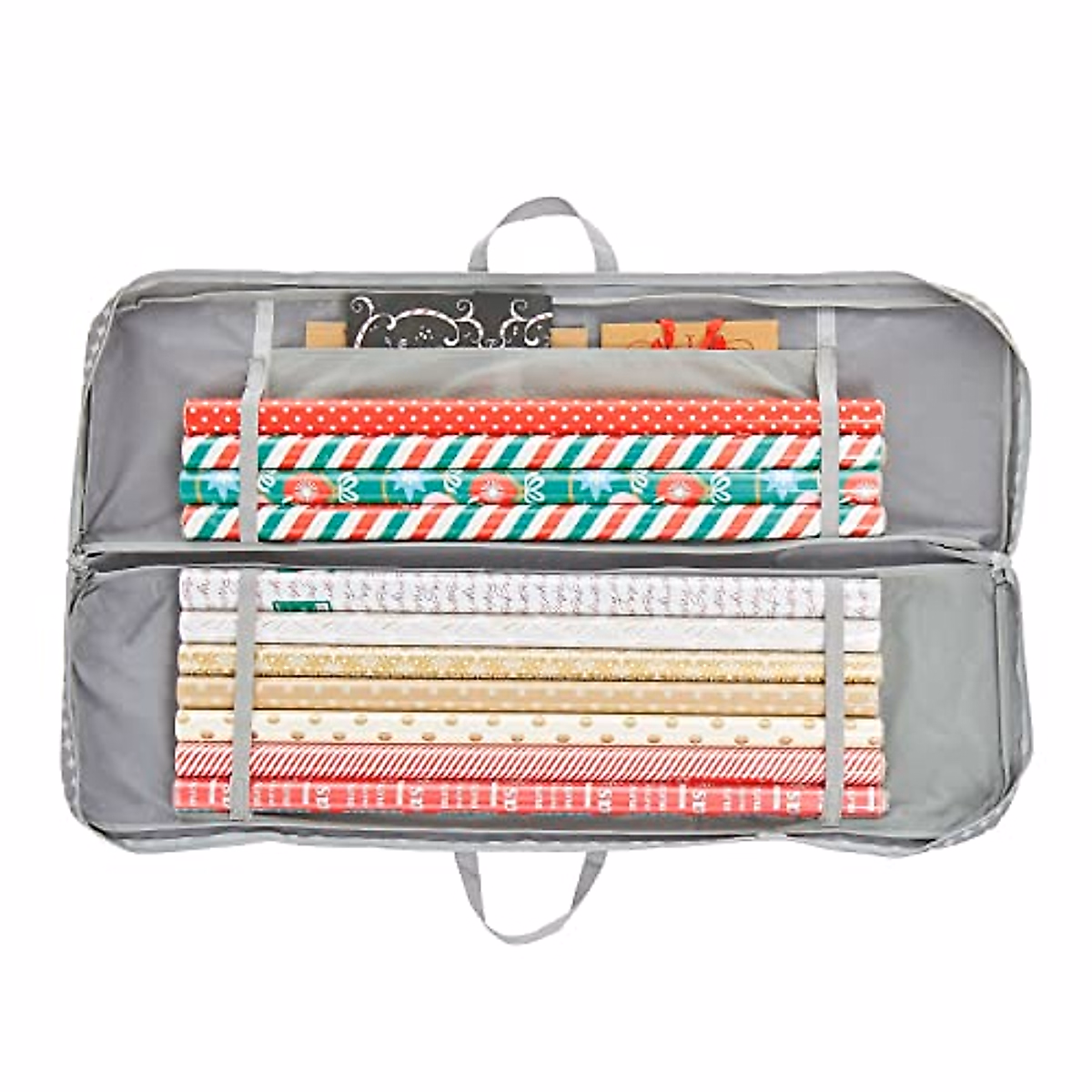 mDesign Long Gift Wrapping Organizer Storage Bag with Handles - Wrapping Paper Holder for Christmas and Holiday Giftwrap - Zipper Closure Wrapping Paper Storage Bag Container with Polka Dots - Gray