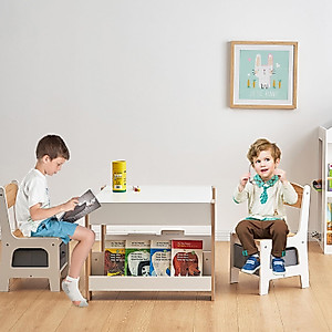 XJD Kids Table and Chair Set, 5 in 1 Toddler Desk with Storage Drawer, Wooden Activity Table with 2 in 1 Detachable Tabletop and Bookshelf, Ideal for Classroom, Home, Nursery, Playroom