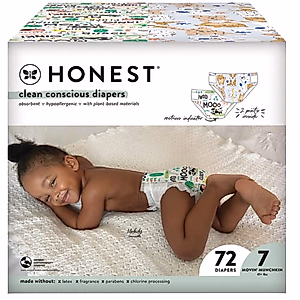 The Honest Company Clean Conscious Diapers | Plant-Based, Sustainable | Barnyard Babies + It’s A Pawty | Super Club Box, Size 7 (41+ lbs), 72 Count