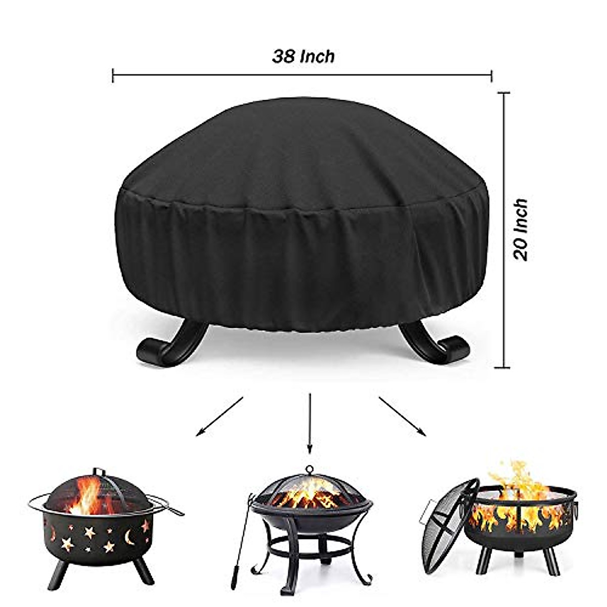 KISEER Fire Pit Cover Heavy Duty Waterproof Round Fire Pit Bowl Cover with Thick PVC Coating Drawstring, 38 Inch, Black