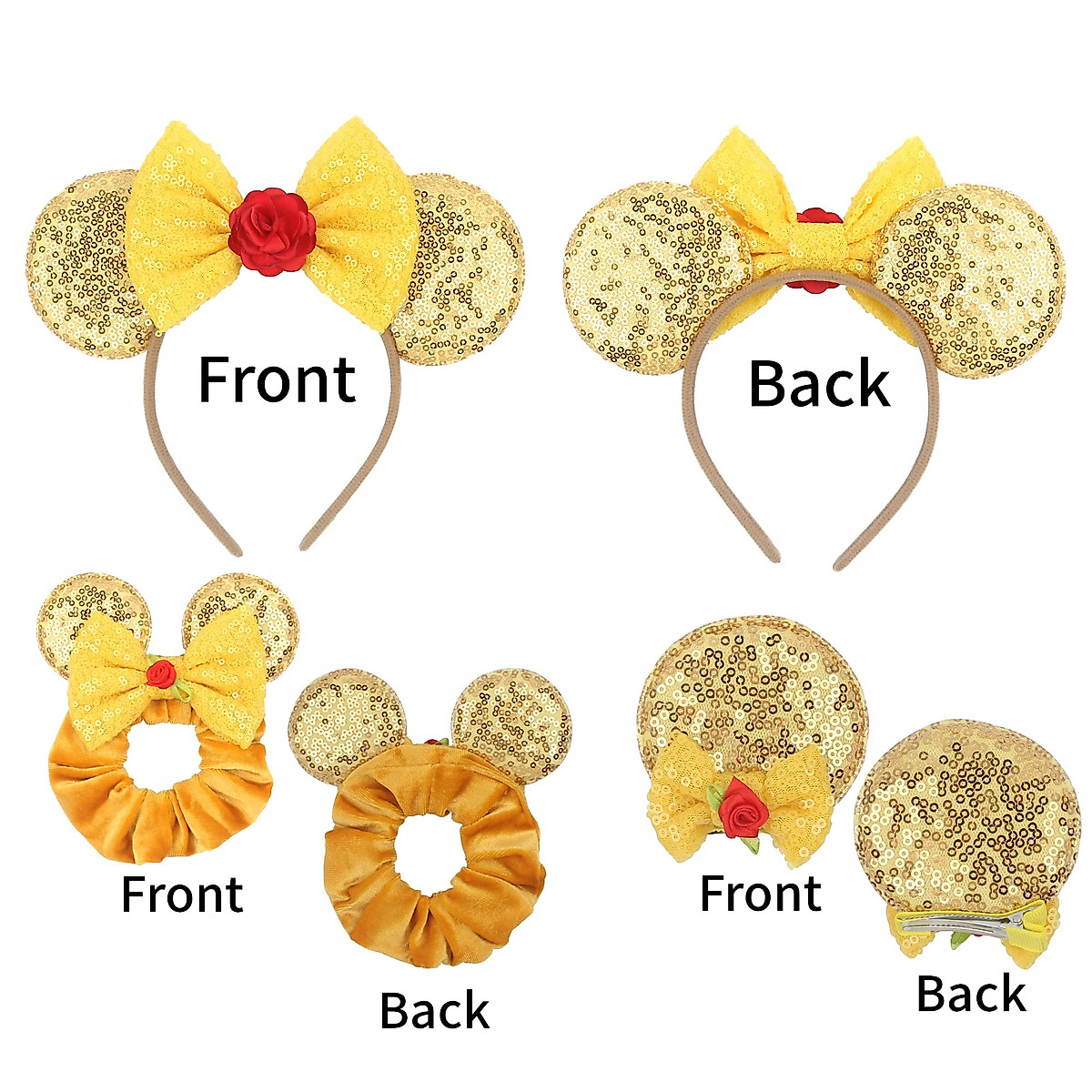 zhezesmila Beauty Mouse Ear Headband, Classic Mouse Ear Clips, Belle Rose Bow Scrunchies for Women, Girls, Princess Dress Accessories, Party, Cosplay