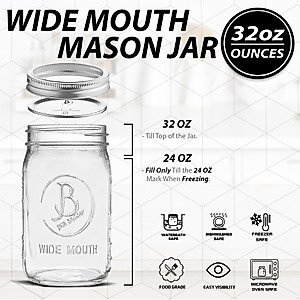 Wide Mouth Mason Jars 32 oz - (4 Pack) - Clear Glass Quart Mason Jars With Airtight Lids and Bands. For Storage, Canning, Fermenting, Meal Prep, Cold Brew Coffee, Freezing, Microwave & Dishwasher Safe