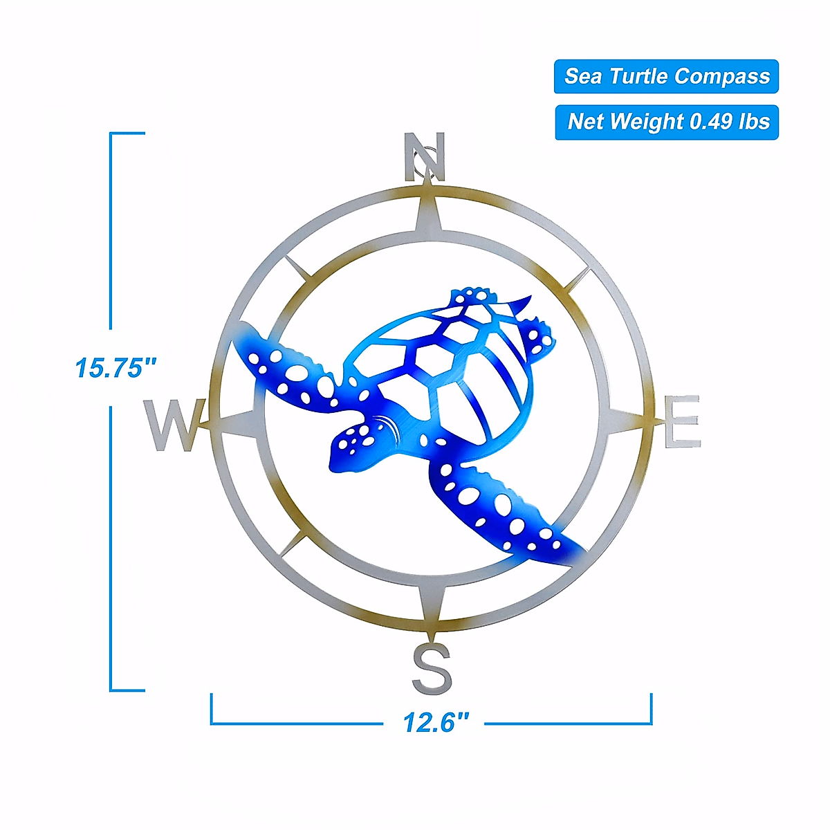 SVEIKS Sea Turtle Wall Art Decor, 15.75" Ocean Themed Round Metal Compass for Indoor Outdoor Living Room Bathroom Hallway Garden Deck