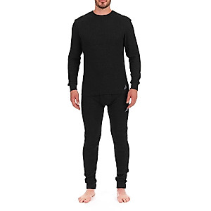 Nautica Men's Long Sleeve Base Layer Set Crewneck Waffle Thermal Underwear Top and Bottom Set (Black, Medium)