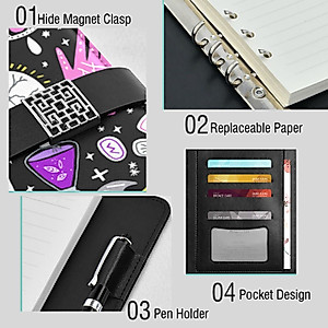 Magic Witch Halloween Skull A5 Refillable Notebooks Journals, 6-Ring Binder Hard Cover Journal PU Leather Notebook Diary with Pockets & Pen Holder Loop