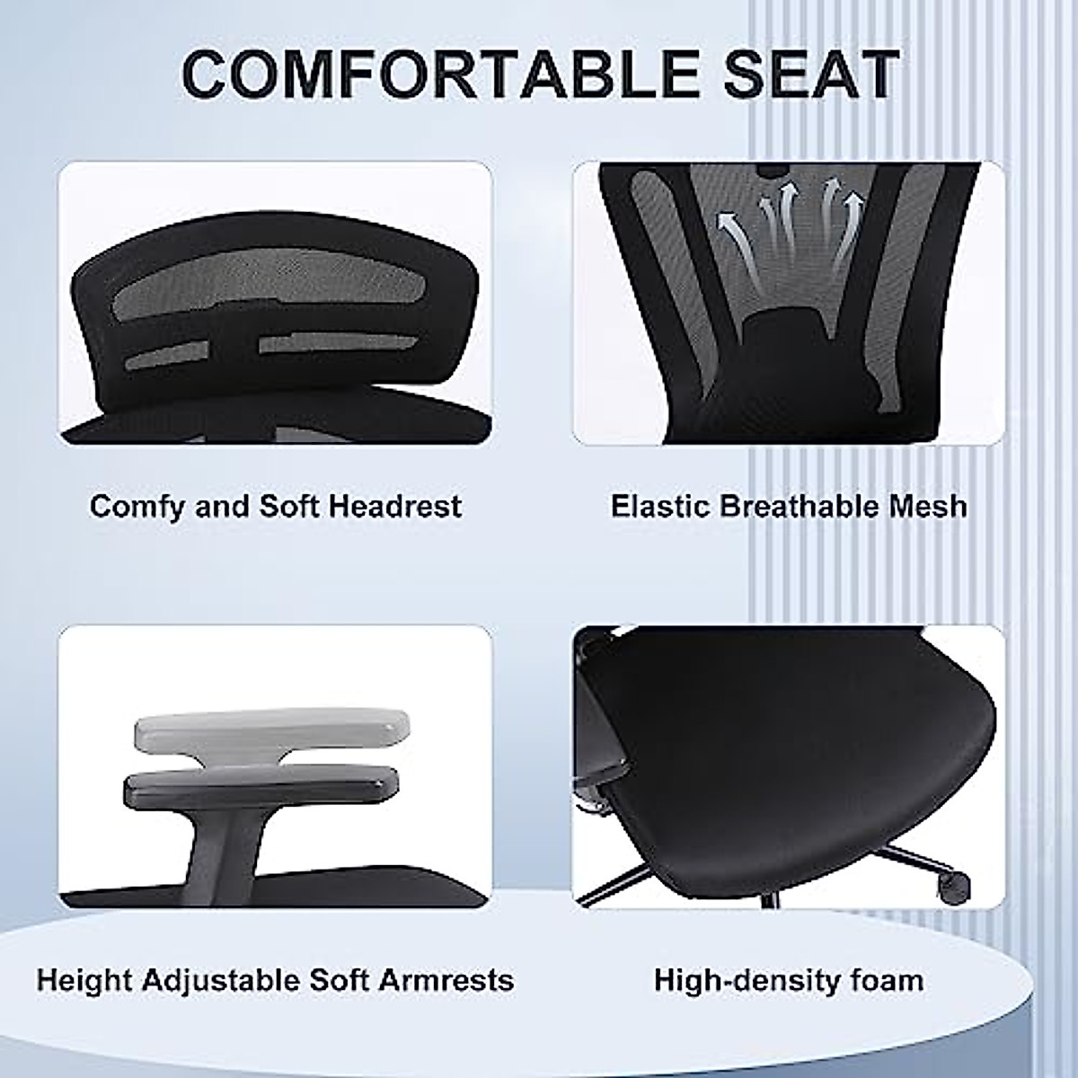 Ergonomic Home Office Chair, High Back Desk Chair with Adjustable Lumbar Support, 2D Armrest and Headrest, Black Mesh Computer Gaming Chair with Tilt Function