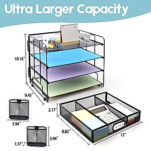 Hiaksedt Desk Organizers 4-Trays Desk File Organizers with 2 Hanging Pen Holders and Drawer,Paper Organizer for Desktop and Storage,Mesh Metal Office Supplies for Home Office