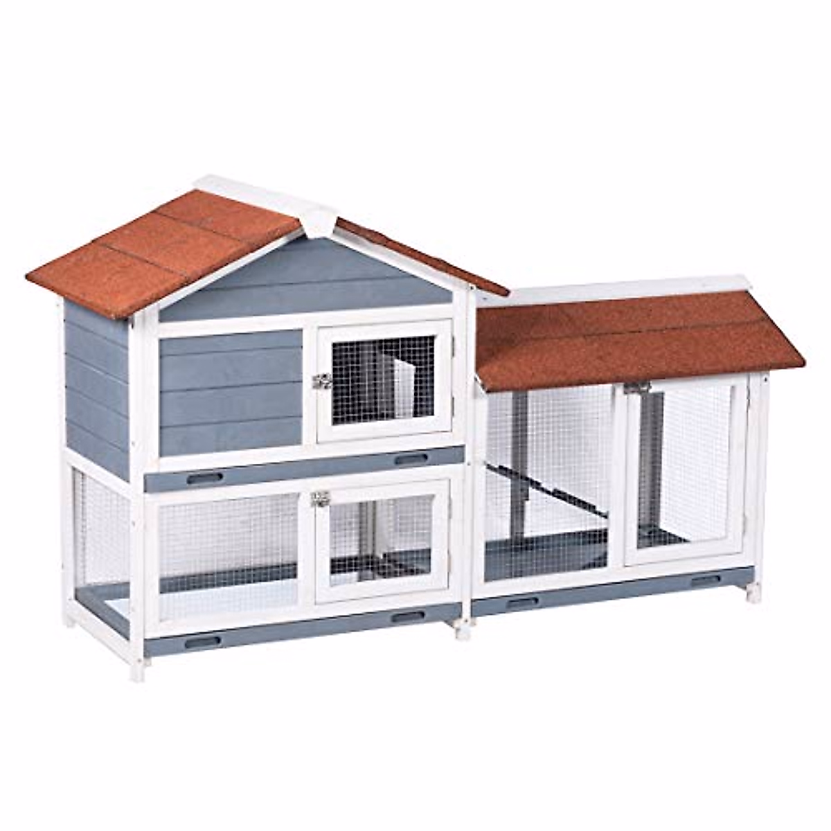 Good Life Two Floors 62" Wooden Outdoor Indoor Roof Waterproof Bunny Hutch Rabbit Cage Guinea Pig Coop PET House for Small to Medium Animals with Stairs and Cleaning Tray PET537