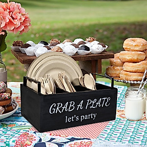 Paper Plate Holder, Utensil Caddy Organizer, Wood Paper Plate Dispenser, Silverware Caddy Holder, and Disposable Coffee Bar Accessories Box for Kitchen Counter, Party, Camping, Picnic (4 Compartment)