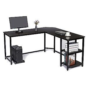 ENGERIO Reversible L Shaped Desk Computer Table with Storage Shelves, Home Office Desk Corner Desk Modern Simple Writing Study Table Gaming Table Workstation with CPU Power Tray Stand (Black)