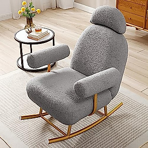 Holaki Nursery Rocking Chair,Modern Sherpa Fabric Accent Upholstered Rocker Glider Chair for Baby and Kids,Comfy Armchair with Gold Metal Frame,Leisure Sofa Chair for Nursery/Bedroom/Living Room(Grey)