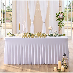 Outpain White Spandex Table Clothes for 8 Foot Rectangle Tables-6Pack 8FT Spandex Fitted Table Cover, Wrinkle Free Tablecloths with Skirt for Parties, Wedding, Birthday, Banquet, Festival