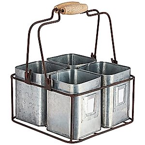 Colonial Tin Works Metal Four Tin Organizer with Handles, 9” x 9” x 5½”, Galvanized Gray Green Rust
