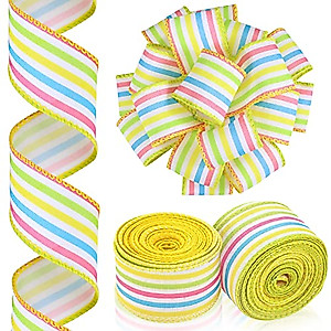 20 Yard Spring Ribbon Easter Stripe Wired Ribbon Burlap Pastel Stripe Ribbon Pink Lime Yellow White Blue 2 Rolls for Spring DIY Craft Baby Shower Gender Reveal Easter Holiday Decoration (1.5'')