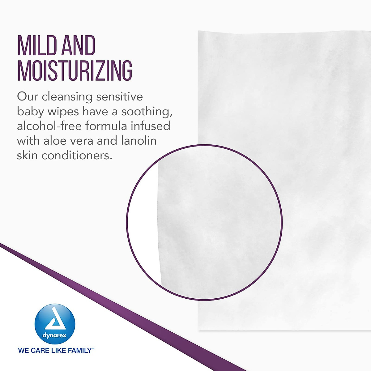 Dynarex 1311 Baby Non-Alcohol Wipe, Lanolin and Aloe to Moisturize Skin, Non-Woven and Unscented, 7 x 8", Pack of 960