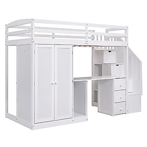White Twin Loft Bed with Stairs and Desk, Wooden Twin Loft Bed with Wardrobe and Storage Drawers, High Loft Bed Frame for Kids, Teens, Adults Boys & Girls, Loft Bed Twin with Storage