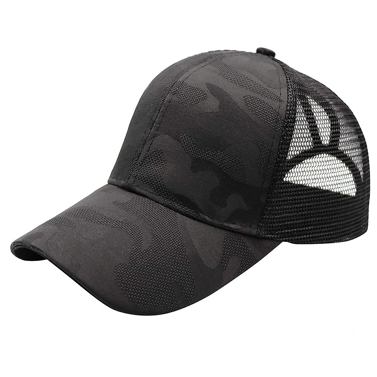 Womens Ponytail Messy High Buns Trucker Ponycaps Plain Baseball Cap Dad Hat Adjustable Snapback (001-2packs(Black camo+Grey camo), One Size)